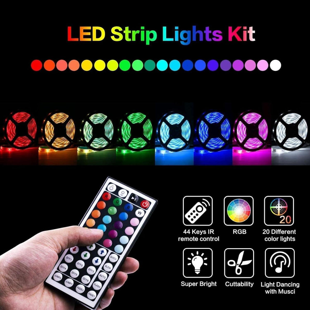 RGB LED Strip Light - 1-20M Strip Light 5050 RGB Colour Changing Tape